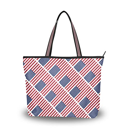 American Flag Tote Bag Aesthetic, Large Capacity Zipper Women Grocery Bags Purse for Daily Life 2 Sizes