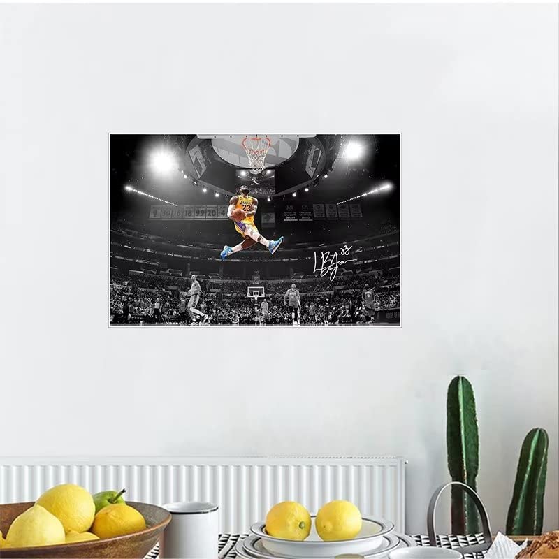 AllallY Lebron James Dunk Poster For Boys Room Signed 12x18inch Unframed Canvas Wall Art for Men Room Decor #23 King-James Poster Pictures for Home Wall Decor Basketball Posters, White