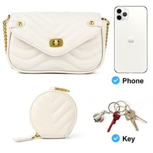 Small Crossbody Purses for Women Pu Leather Chain Quilted Handbag Designer Shoulder Bags Coin Cellphone Purse Set 2pcs (Beige)