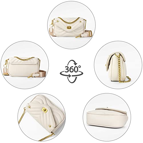 Small Crossbody Purses for Women Pu Leather Chain Quilted Handbag Designer Shoulder Bags Coin Cellphone Purse Set 2pcs (Beige)