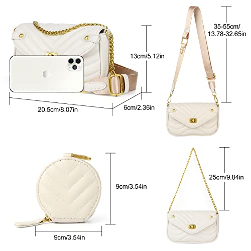 Small Crossbody Purses for Women Pu Leather Chain Quilted Handbag Designer Shoulder Bags Coin Cellphone Purse Set 2pcs (Beige)