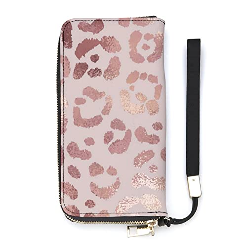 Hon-Lally Rose Gold Leopard Pattern Wristlet Wallets for Women Girls Men Leather Ladies Long Clutch Purse Zip Around Card Key Phone Holder, 20x10.5cm