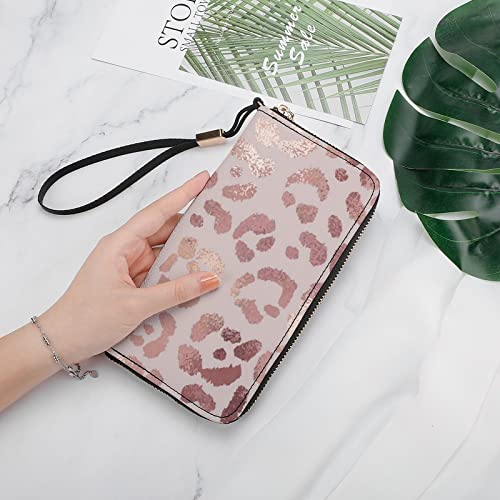 Hon-Lally Rose Gold Leopard Pattern Wristlet Wallets for Women Girls Men Leather Ladies Long Clutch Purse Zip Around Card Key Phone Holder, 20x10.5cm