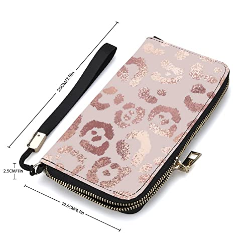 Hon-Lally Rose Gold Leopard Pattern Wristlet Wallets for Women Girls Men Leather Ladies Long Clutch Purse Zip Around Card Key Phone Holder, 20x10.5cm