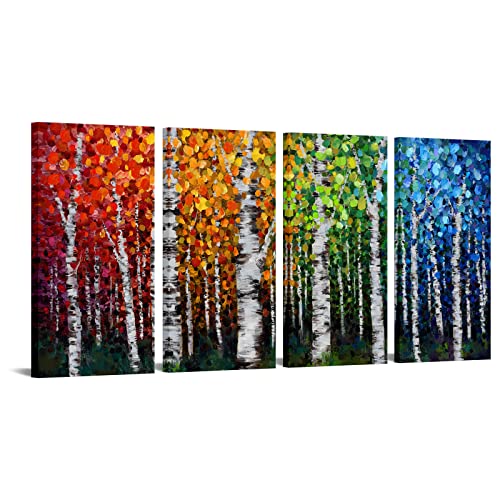 4pcs Large 4 Seasons Canvas Birch Tree Wall Art Modern Branches Oil Painting Falls Leaves Picture Landscape Prints Framed for Bathroom Living Room Bedroom Home Office Decor Each Panel 16x32inch (Large)