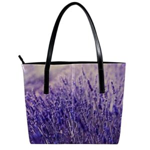 Beautiful Provence Lavender Pattern Leather Tote Shoulder Bag for Women Satchel Handbag