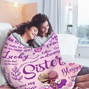 sister birthday gifts from sister blanket, sister gifts soft throw blanket from sister for bestie, to my sister purple flannel blankets and throws christmas valentines day gifts for women, 50”x60”