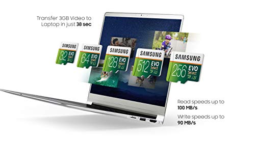 SAMSUNG ELECTRONICS EVO Select 256GB MicroSDXC UHS-I U3 100MB/s Full HD & 4K UHD Memory Card with Adapter (MB-ME256HA)