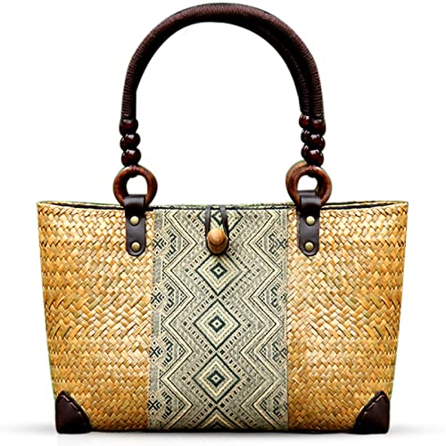 QTKJ Straw Bag for Women, Summer Beach Handmade Rattan Tote Bag, Boho Retro Straw Woven Handbag, Large Beach Vacation Bag (Natural)