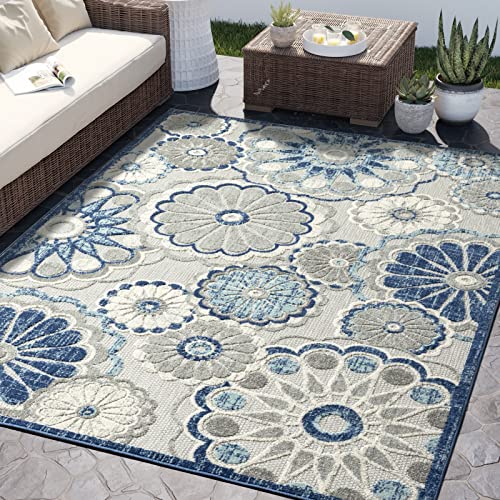 Abani Contemporary Design 4' x 6' Blue & Grey Floral Area Rug Rugs - Unique Non-Shed Modern Flower Print Indoor/Outdoor Rug