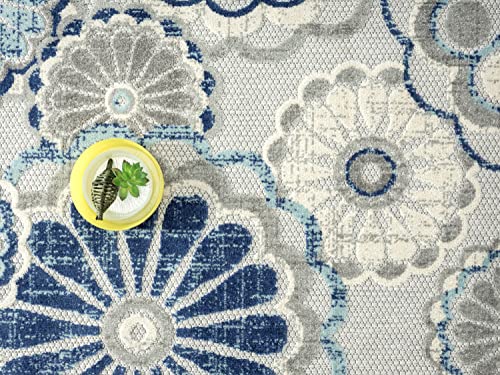 Abani Contemporary Design 4' x 6' Blue & Grey Floral Area Rug Rugs - Unique Non-Shed Modern Flower Print Indoor/Outdoor Rug