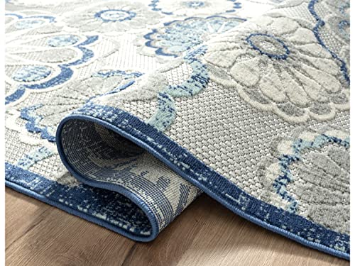 Abani Contemporary Design 4' x 6' Blue & Grey Floral Area Rug Rugs - Unique Non-Shed Modern Flower Print Indoor/Outdoor Rug