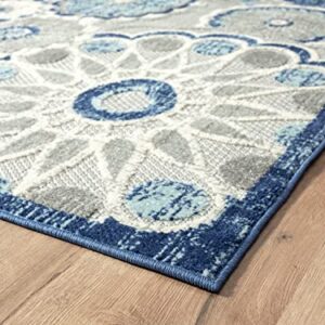 Abani Contemporary Design 4' x 6' Blue & Grey Floral Area Rug Rugs - Unique Non-Shed Modern Flower Print Indoor/Outdoor Rug