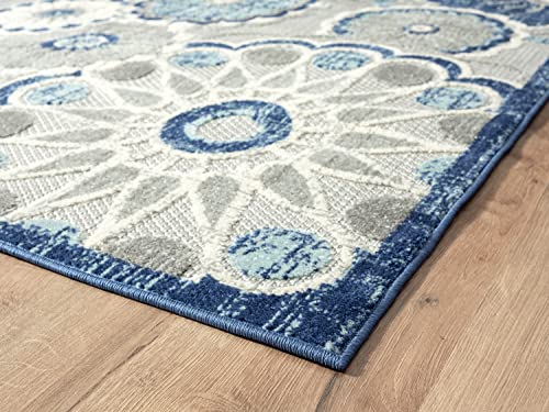 Abani Contemporary Design 4' x 6' Blue & Grey Floral Area Rug Rugs - Unique Non-Shed Modern Flower Print Indoor/Outdoor Rug