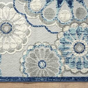 Abani Contemporary Design 4' x 6' Blue & Grey Floral Area Rug Rugs - Unique Non-Shed Modern Flower Print Indoor/Outdoor Rug