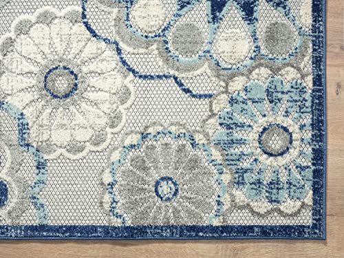 Abani Contemporary Design 4' x 6' Blue & Grey Floral Area Rug Rugs - Unique Non-Shed Modern Flower Print Indoor/Outdoor Rug