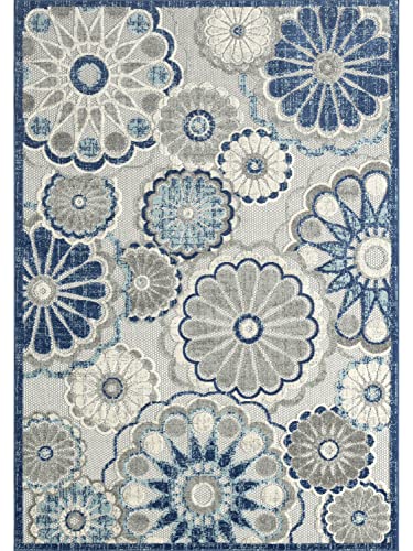 Abani Contemporary Design 4' x 6' Blue & Grey Floral Area Rug Rugs - Unique Non-Shed Modern Flower Print Indoor/Outdoor Rug