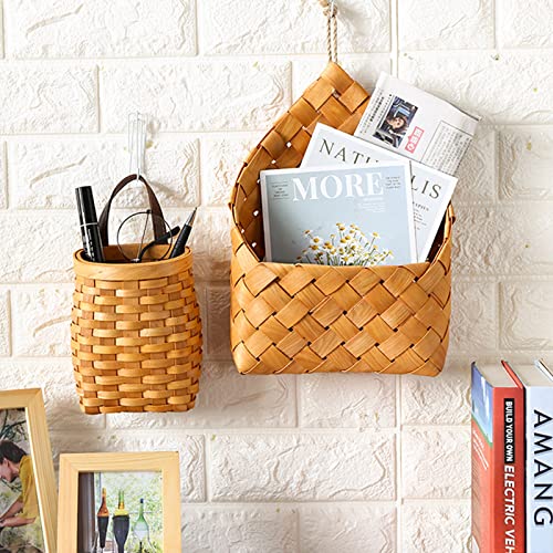 Takefuns Wall Hanging Storage Basket, Natural Bamboo Woven Flower Basket, Wall-mounted Multifunctional Storage Container for Home Decoration (15.5cm)