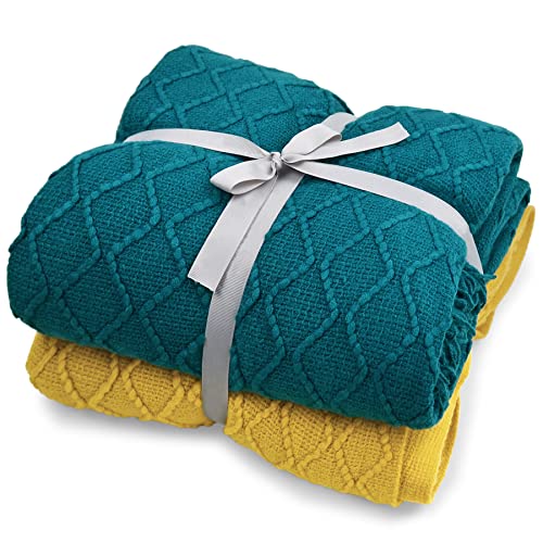 Knitted- Throw- Blanket- Set- Soft- Small Blanket for Chair 2 Colors 2 Piece Covers for Sofa, Couch and Bed Use, 100% Acrylic Warm Blanket 50 x 60 Inches, Yellow and Peacock Green