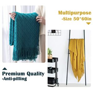 Knitted- Throw- Blanket- Set- Soft- Small Blanket for Chair 2 Colors 2 Piece Covers for Sofa, Couch and Bed Use, 100% Acrylic Warm Blanket 50 x 60 Inches, Yellow and Peacock Green