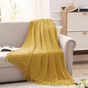 Knitted- Throw- Blanket- Set- Soft- Small Blanket for Chair 2 Colors 2 Piece Covers for Sofa, Couch and Bed Use, 100% Acrylic Warm Blanket 50 x 60 Inches, Yellow and Peacock Green