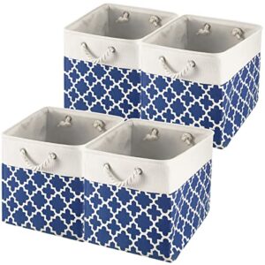 4 pack fabric storage baskets 16 inch large collapsible canvas linen baskets rectangle storage bins with handles for organizing shelves linen closet organizers (blue quatrefoil)