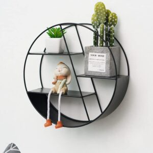 XUEBEI Floating Round Shelves, Geometric Wall Shelf,Metal Storage Shelves for Home Decor,Wall Decoration Storage Shelf and Wall Mount Display Rack Black and White (Black)