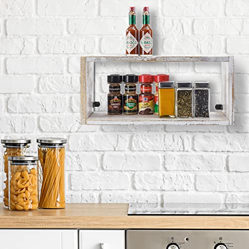 MyGift Whitewashed Solid Wood Wall Mounted Floating Shadow Box Style Kitchen Shelf, Rectangular Wooden Display Shelves and Spice Storage Rack