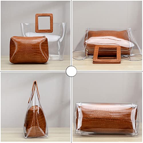 Composite Bags for Women Summer Beach Bags Female Casual Tote Luxury Handbags Designer Transparent Clear Handbags (Brown)