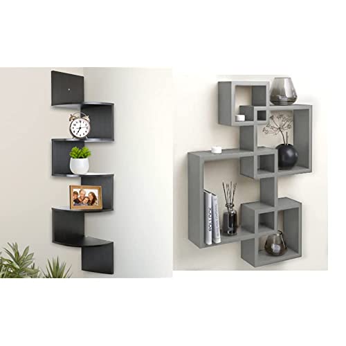 Greenco Corner Shelf 5 Tier Shelves & 4 Cube Intersecting Wall Mounted Floating Shelves Gray Finish