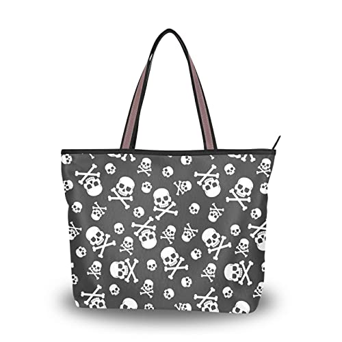 Tote Bag Skull Crossbones Print, Large Capacity Zipper Women Grocery Bags Purse for Daily Life 2 Sizes