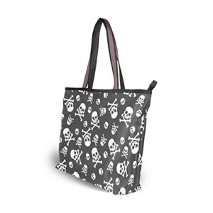 Tote Bag Skull Crossbones Print, Large Capacity Zipper Women Grocery Bags Purse for Daily Life 2 Sizes