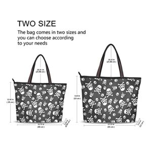 Tote Bag Skull Crossbones Print, Large Capacity Zipper Women Grocery Bags Purse for Daily Life 2 Sizes