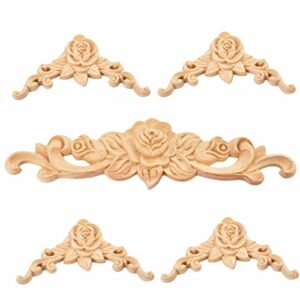 muxsam wood rose appliques onlays set, 5-pack unpainted decorative carved decals for bed door cabinet wardrobe mantel ceiling wall headboard upgrade decor craft diy projects, 15x15cm+38x8cm