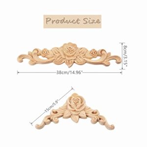 MUXSAM Wood Rose Appliques Onlays Set, 5-Pack Unpainted Decorative Carved Decals for Bed Door Cabinet Wardrobe Mantel Ceiling Wall Headboard Upgrade Decor Craft DIY Projects, 15x15cm+38x8cm