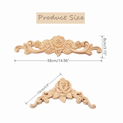 MUXSAM Wood Rose Appliques Onlays Set, 5-Pack Unpainted Decorative Carved Decals for Bed Door Cabinet Wardrobe Mantel Ceiling Wall Headboard Upgrade Decor Craft DIY Projects, 15x15cm+38x8cm