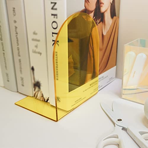 Kelendle Plastic Acrylic Bookends Pair Clear Book Ends for Shelves Book Stopper Desktop Organizer Bookshelf Decor Decorative Bedroom Library Office School Supplies Stationery Gift Yellow