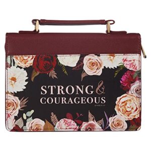 christian art gifts protective faux leather fashion bible cover carry case with handle for women: strong and courageous – joshua 1:9 inspirational bible verse – merlot floral rose bouquet, medium