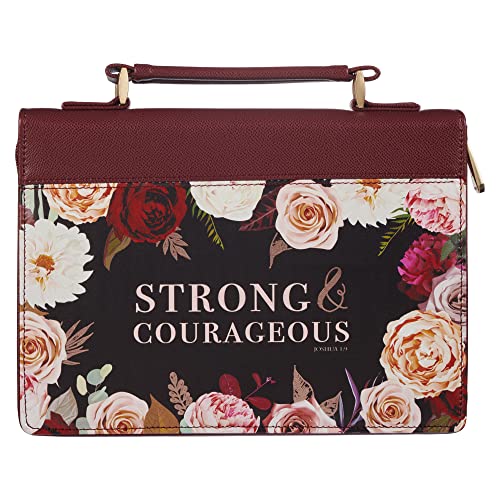 Christian Art Gifts Protective Faux Leather Fashion Bible Cover Carry Case with Handle for Women: Strong and Courageous - Joshua 1:9 Inspirational Bible Verse - Merlot Floral Rose Bouquet, Medium