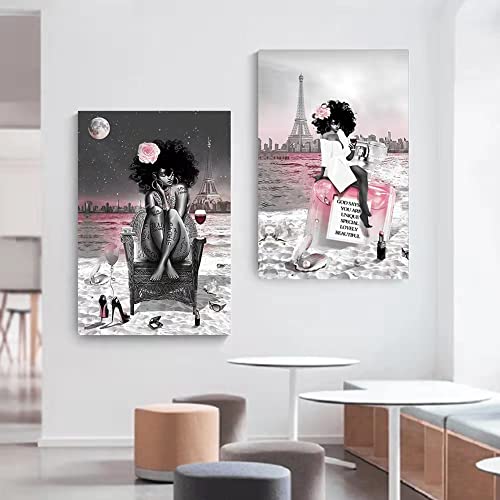 Black Girl African American Wall Art Decor Women Pink And Grey On Beach Eiffel Tower Abstract Canvas Paintings Pictures Posters Prints Bathroom Artwork For Wall Bedroom No Frame 16x24in (40x60cm)