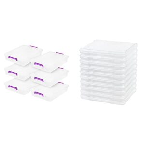 iris usa 6 qt. large flat plastic modular storage bin tote organizing container, 6 pack, clear and purple & iris usa, inc. iris slim portable project case, 10 pack, clear (586390)