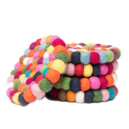 Round Felt Ball Coasters - Hand Felted in Nepal - Multi-Color Set of 5-100% Merino Wool - Water-Wicking, Stain-Resistant, Absorbent