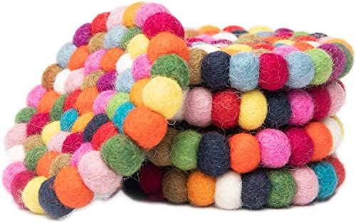 Round Felt Ball Coasters - Hand Felted in Nepal - Multi-Color Set of 5-100% Merino Wool - Water-Wicking, Stain-Resistant, Absorbent