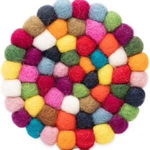 Round Felt Ball Coasters - Hand Felted in Nepal - Multi-Color Set of 5-100% Merino Wool - Water-Wicking, Stain-Resistant, Absorbent