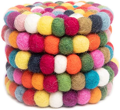 Round Felt Ball Coasters - Hand Felted in Nepal - Multi-Color Set of 5-100% Merino Wool - Water-Wicking, Stain-Resistant, Absorbent