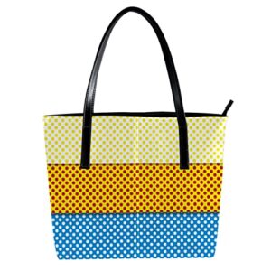 yellow blue polka dot pattern leather tote shoulder bag for women satchel handbag