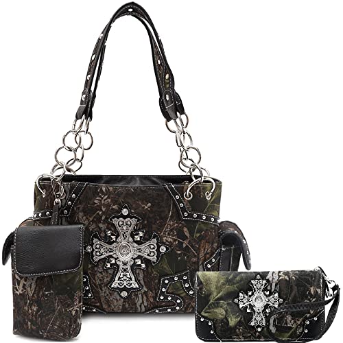 Cowgirl Trendy Camouflage Cross Western Style Studded Handbag Concealed Carry Purse Country Women Shoulder Bag Wallet (#3 Black Set)