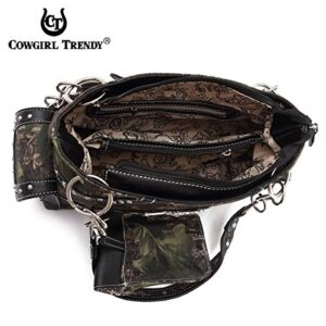 Cowgirl Trendy Camouflage Cross Western Style Studded Handbag Concealed Carry Purse Country Women Shoulder Bag Wallet (#3 Black Set)