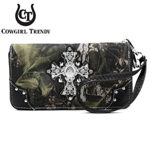 Cowgirl Trendy Camouflage Cross Western Style Studded Handbag Concealed Carry Purse Country Women Shoulder Bag Wallet (#3 Black Set)