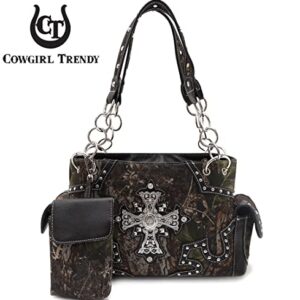 Cowgirl Trendy Camouflage Cross Western Style Studded Handbag Concealed Carry Purse Country Women Shoulder Bag Wallet (#3 Black Set)